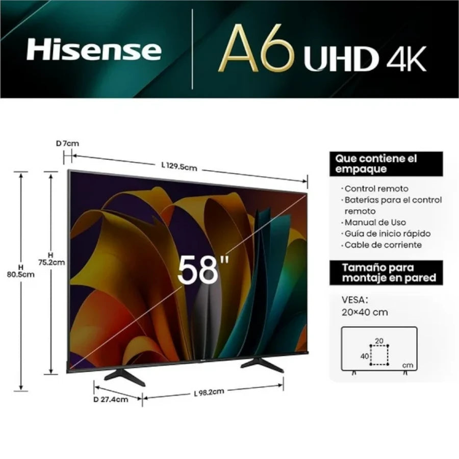 Televisor Hisense 58 pulgadas 4K UHD Smart TV VIDAA LED A6NV – Venpli